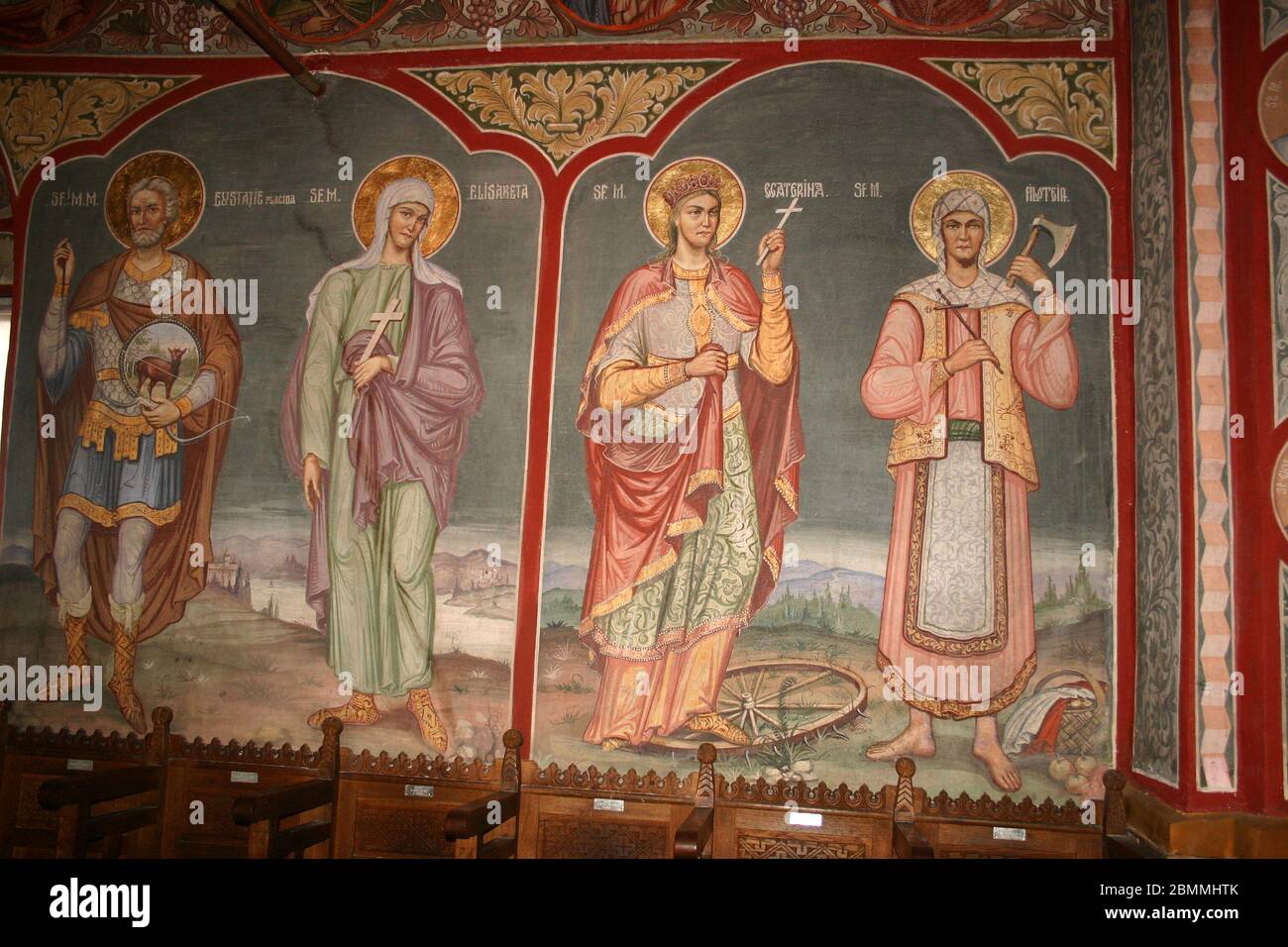 Mural of saints on the interior of Orthodox church in Romania Stock ...