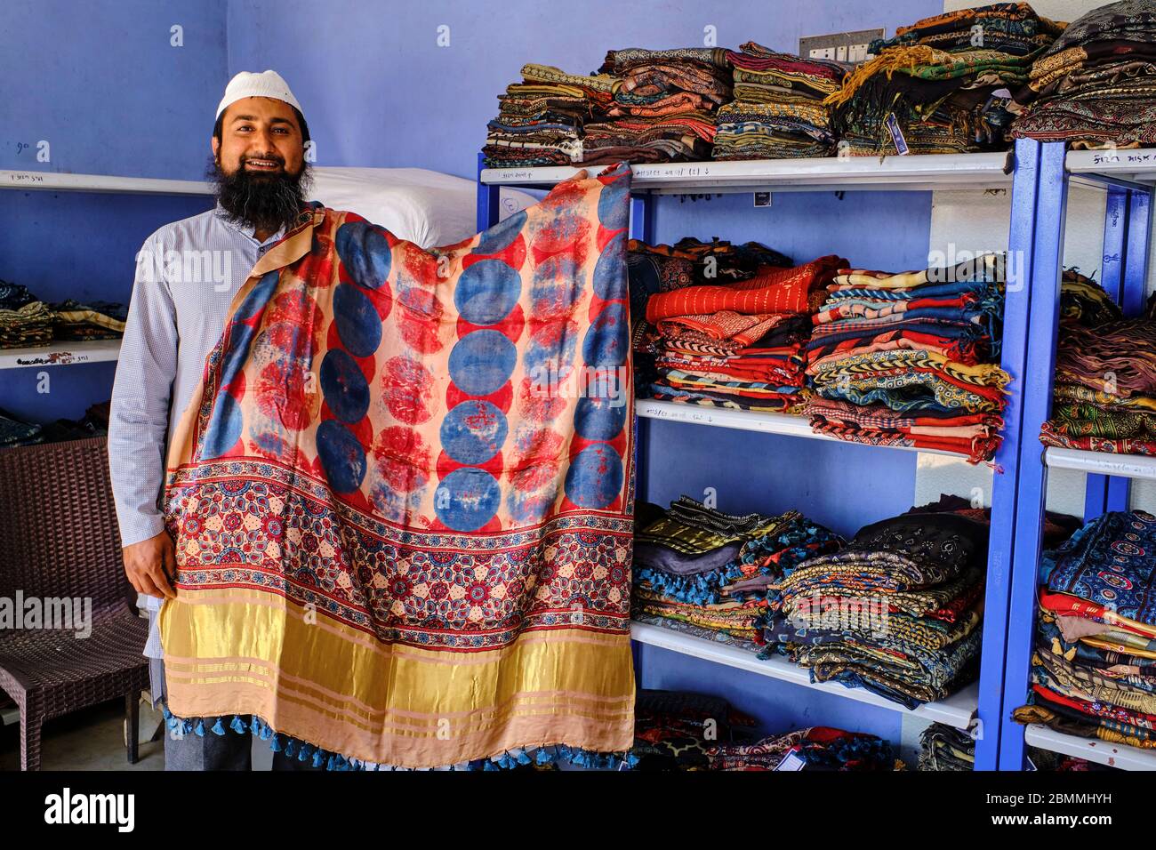 India, Gujarat, Kutch, Bhuj, Ajrakhpur, Ajrak block printing textile ...