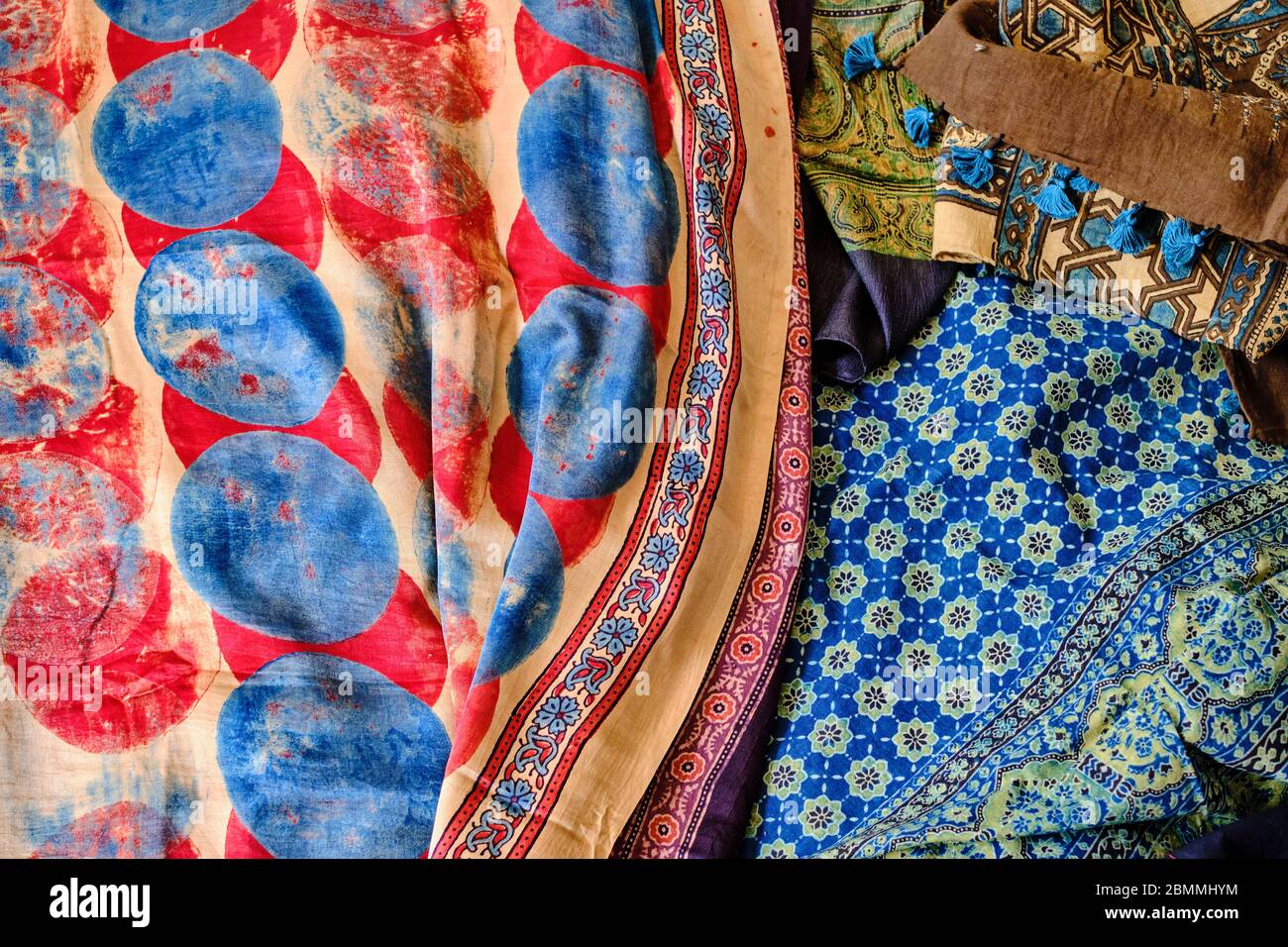 India, Gujarat, Kutch, Bhuj, Ajrakhpur, Ajrak block printing textile ...
