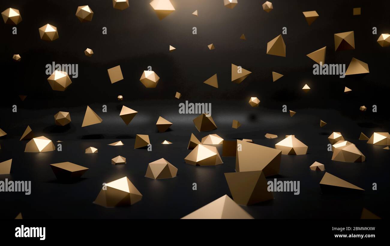Golden geometrical shapes and figures floating in black studio. Gold ...