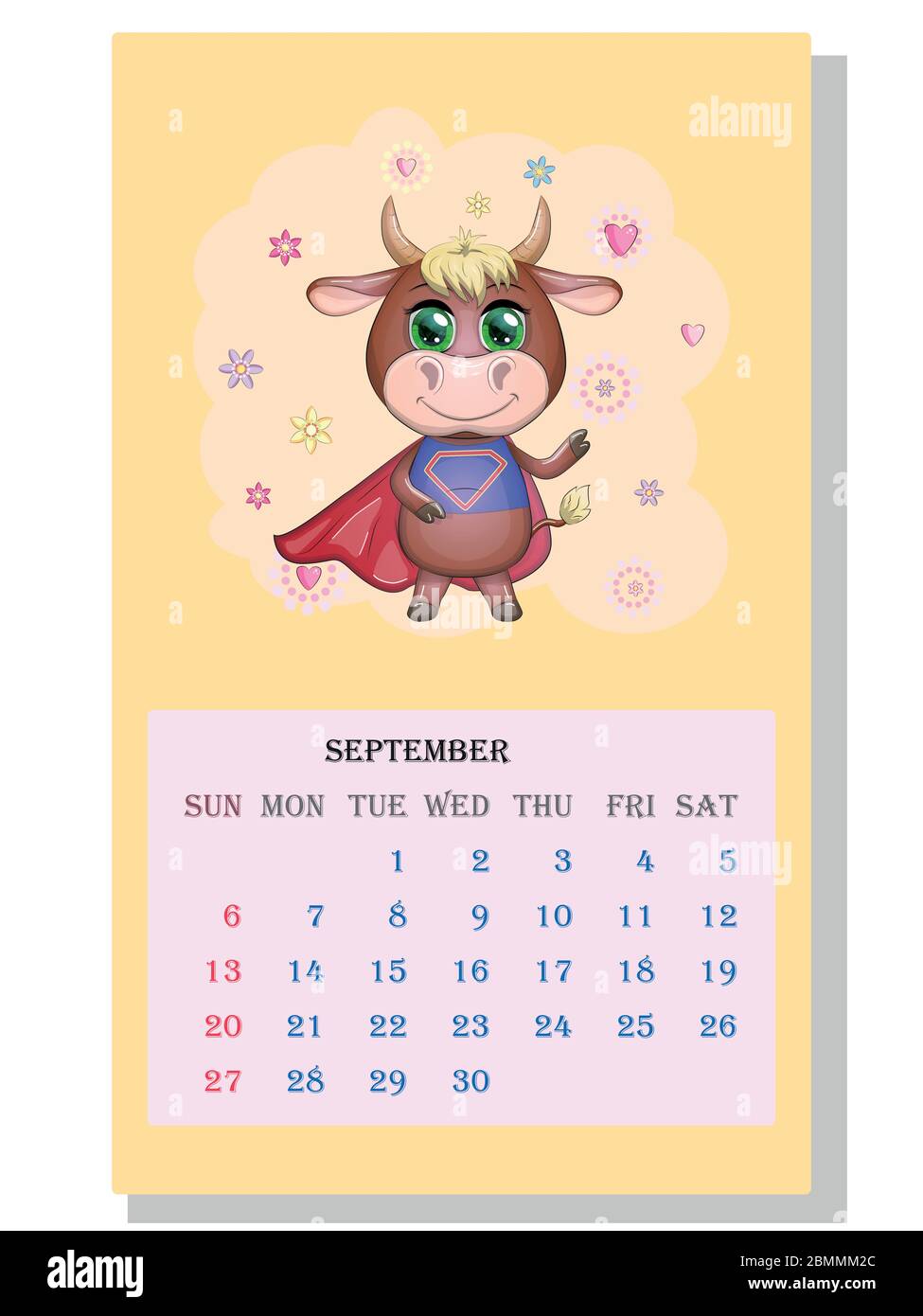 Calendar 2021. Cute bull and cow for every month Stock Vector Image ...