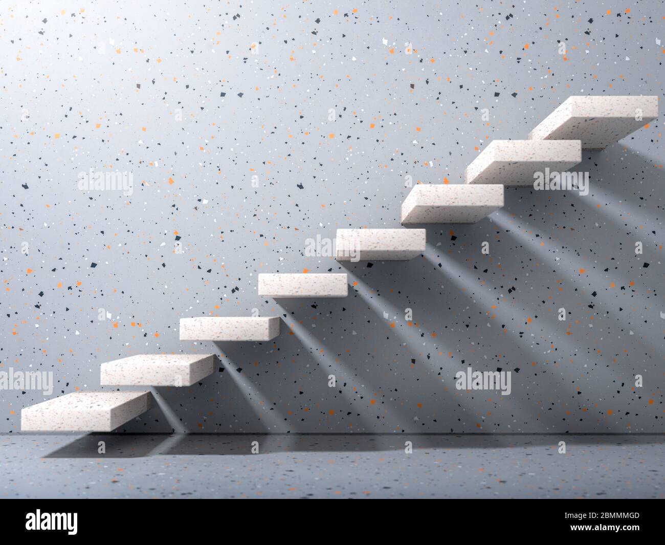 White stone stairs on gray terrazzo wall in modern interior. Business ...