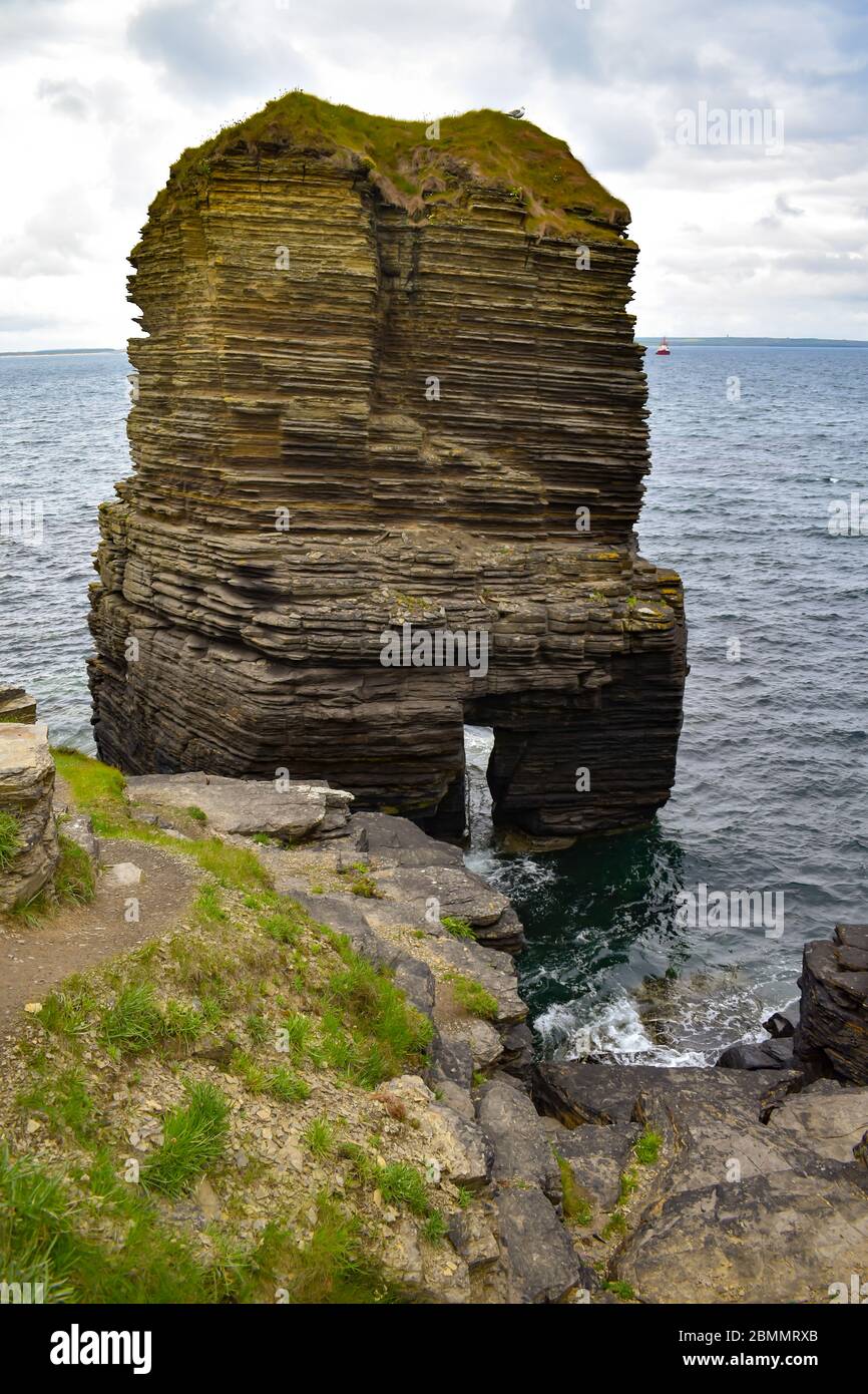 Large geologically interesting sea stack off the coast of Wick ...