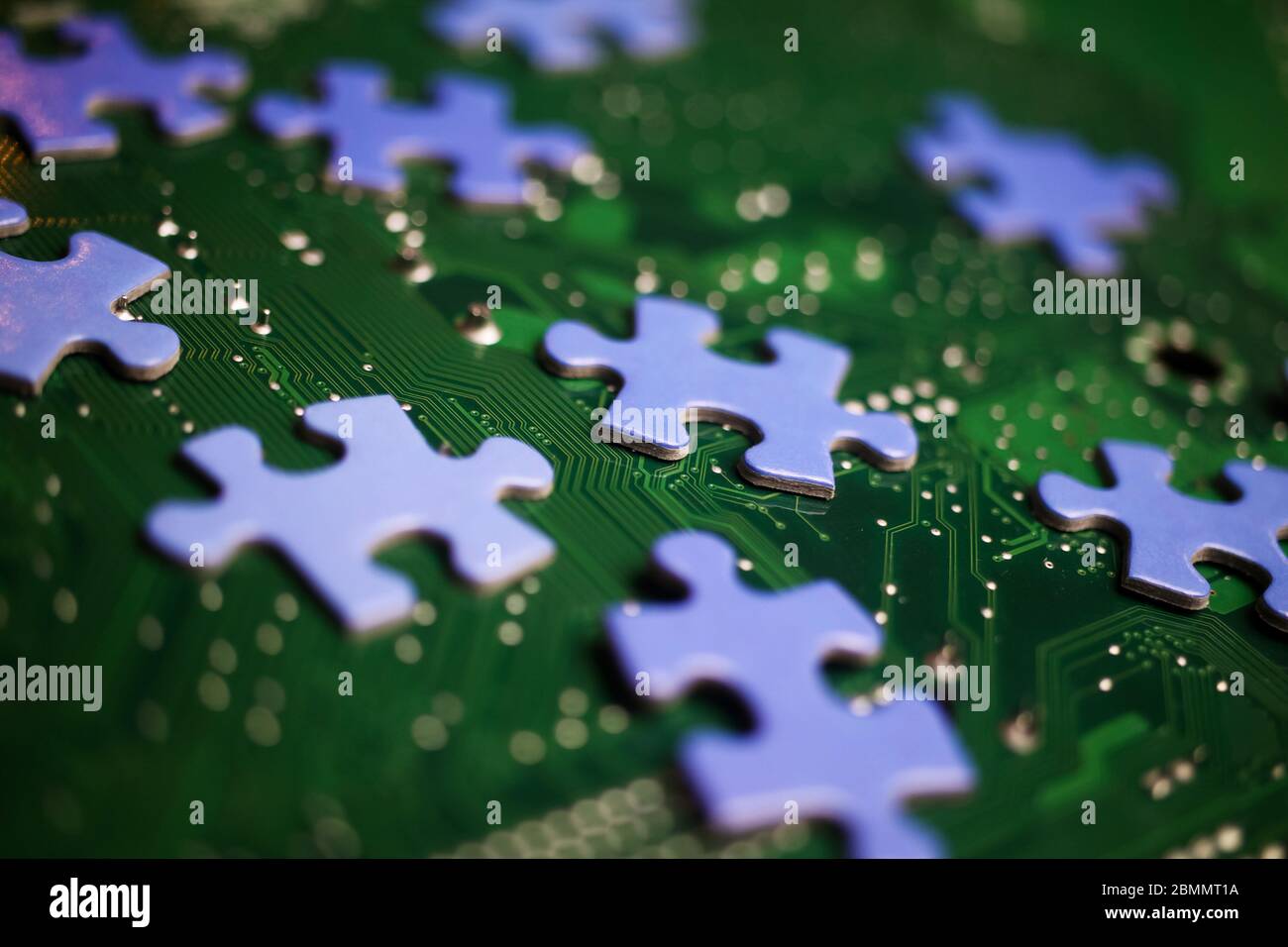 Central data storage and collection concept: Close up of blue shattered ...