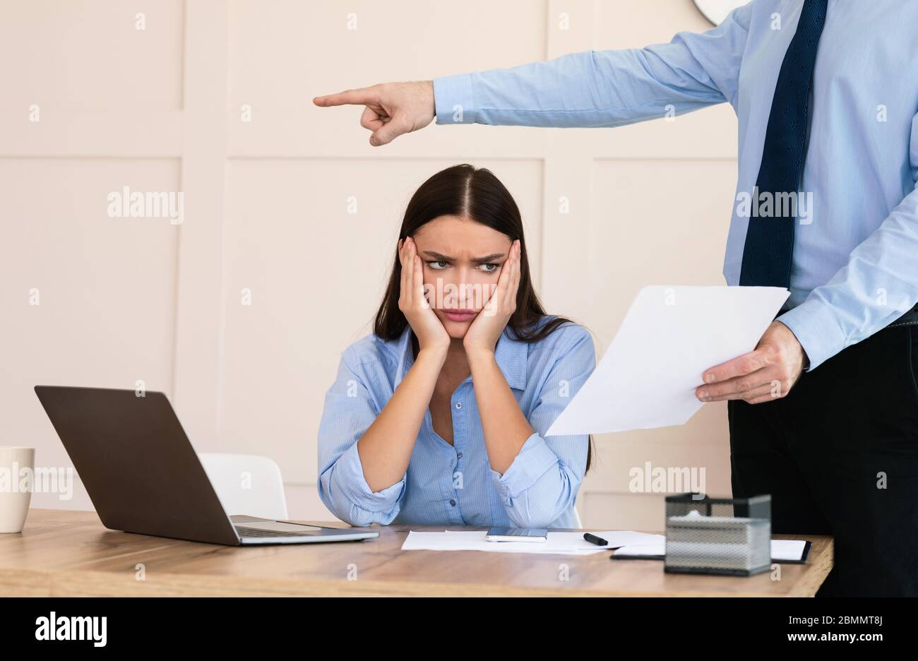 Boss Firing Woman Worker Sitting In Modern Office, Cropped Stock Photo ...