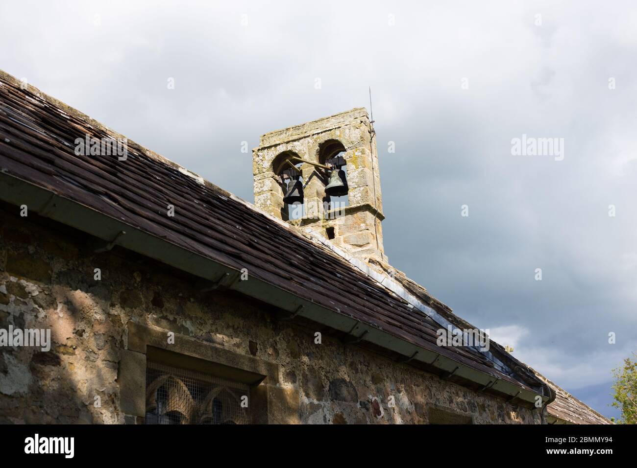 The double, external bell tower on the parish church of St Andrew at ...