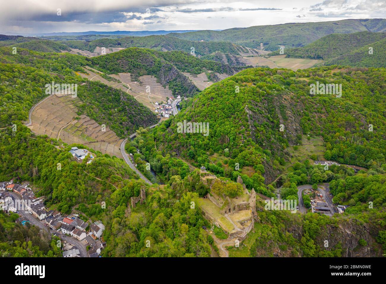 Aerial view of Altenahr with Castle Are and Vineyards Landscape Germany ...