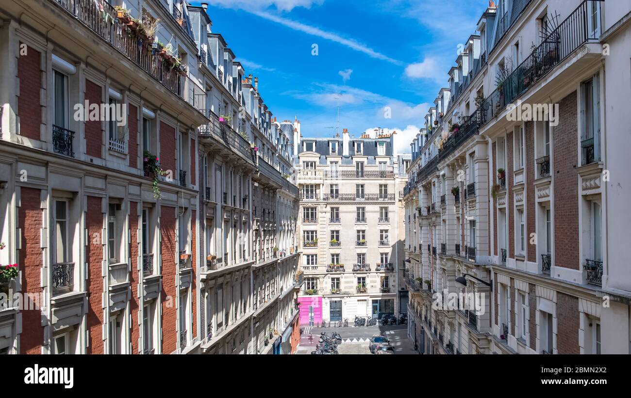 Paris, typical facades and street, beautiful buildings in Montmartre ...