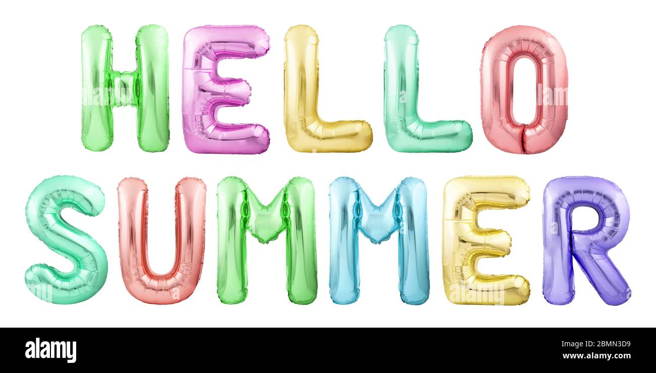 Words hello summer made of colorful inflatable balloon letters isolated ...