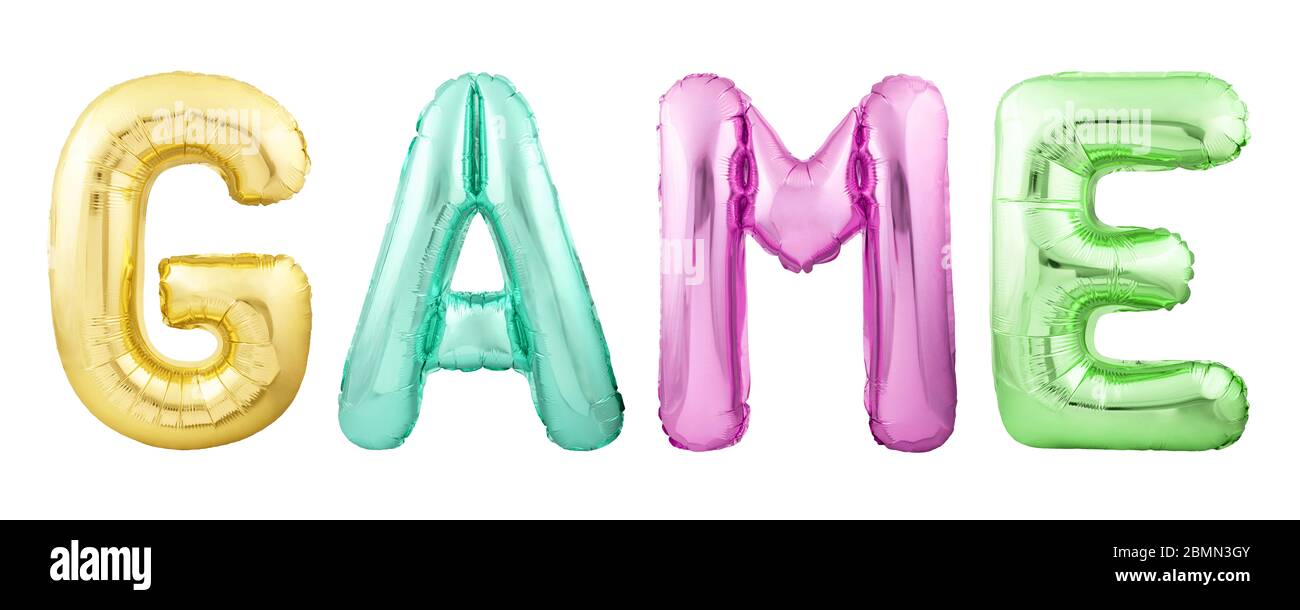 Word game made of colorful inflatable balloon isolated on white ...