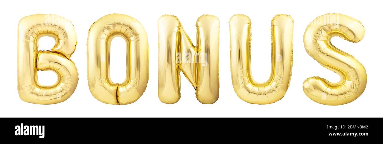Word bonus made of golden inflatable balloons isolated on white ...