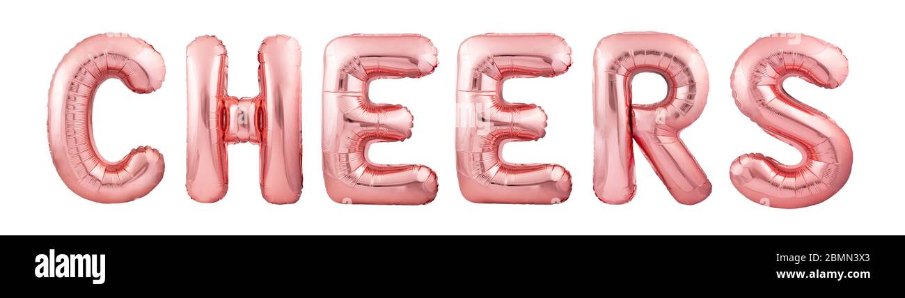 Word cheers made of rose gold inflatable balloon isolated on white ...