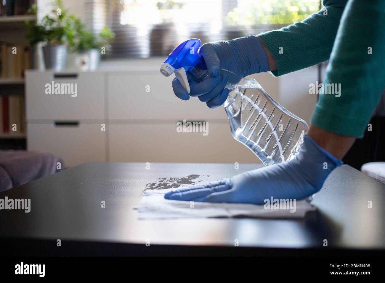 surface home cleaning spraying antibacterial sanitizing spray bottle disinfecting against COVID ...