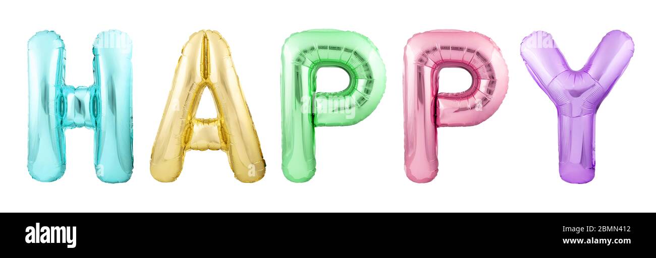 Word happy made of colorful inflatable balloon isolated on white ...