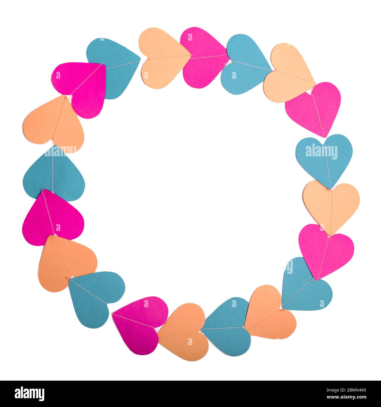 Frame made of colorful paper hearts connected by thread isolated on ...