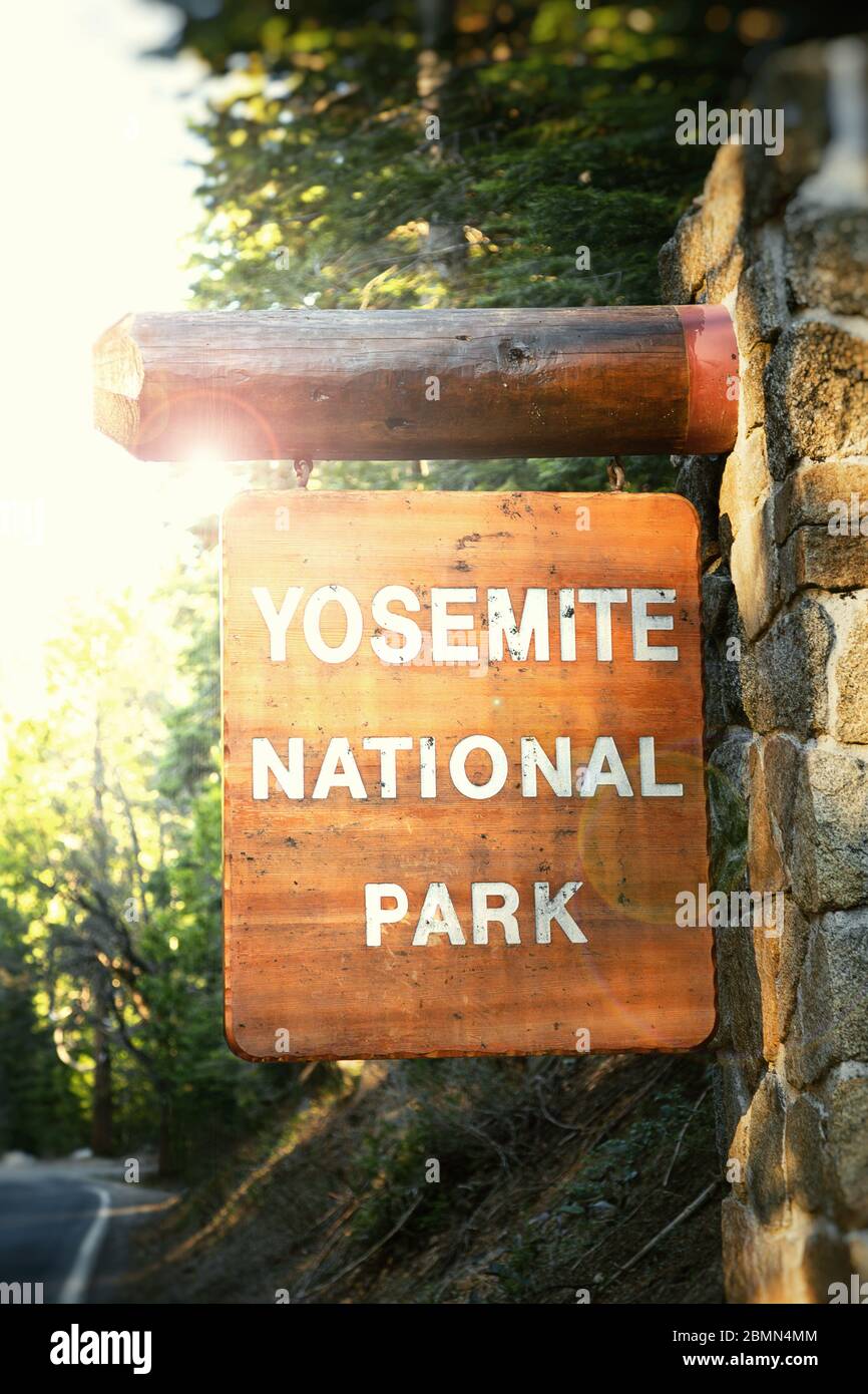 Yosemite National Park sign, California, USA. Filtered to look like an ...