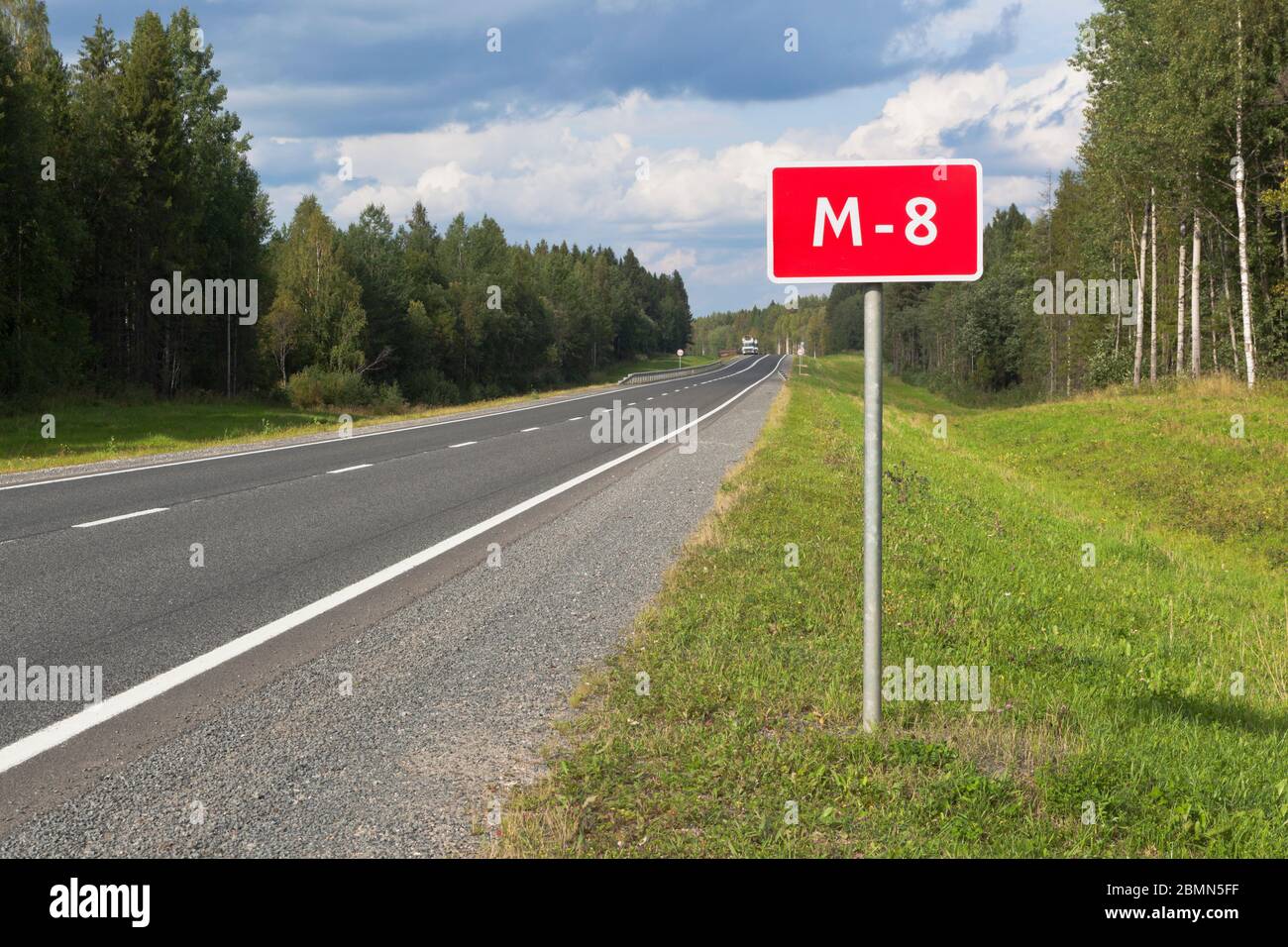 Information road sign with a number on the M8 in the Vologda region ...