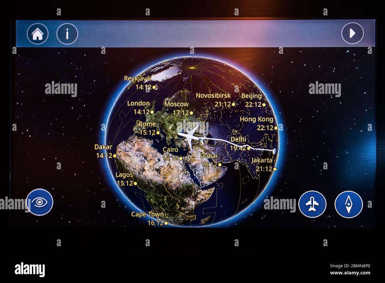 Screen with route of a flying aircraft on map and choice of icons. A ...
