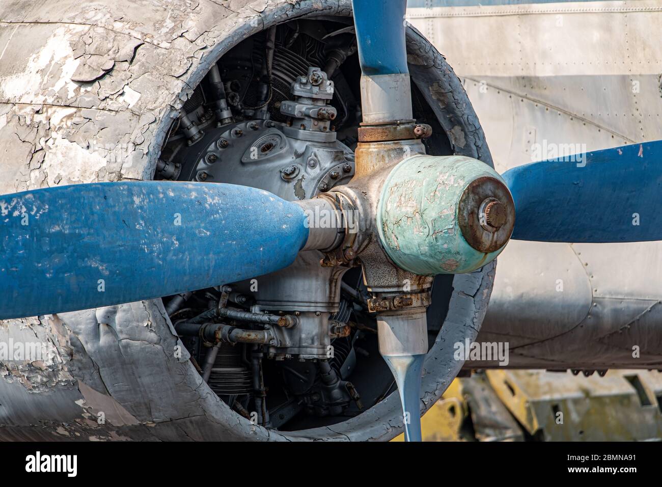 An old propeller on wing, close up. Propeller of ilyushin IL 14 ...