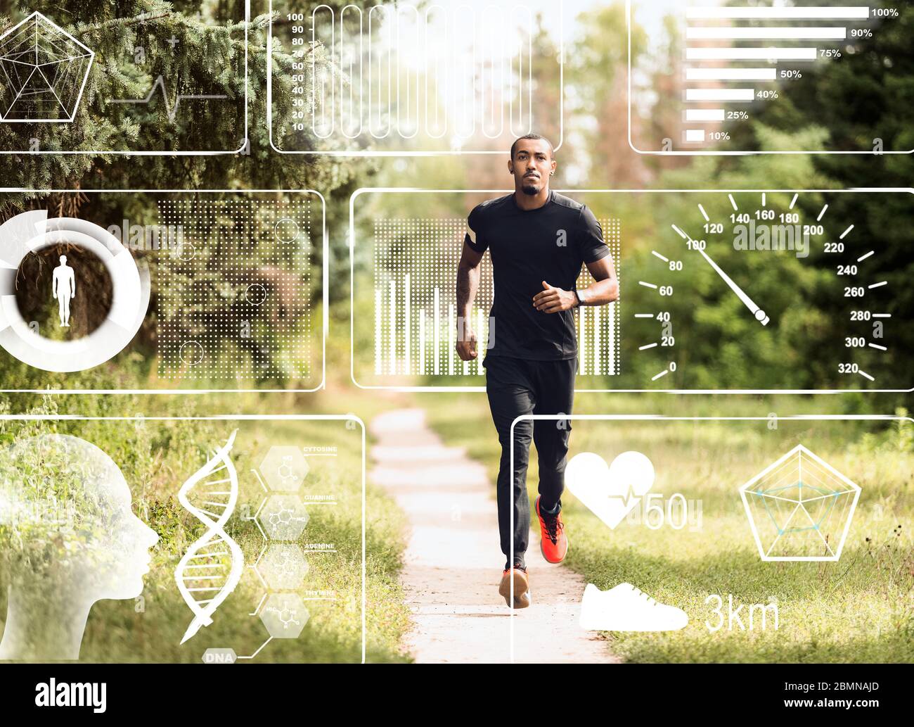 Collage with African American sportsman jogging in park and health ...