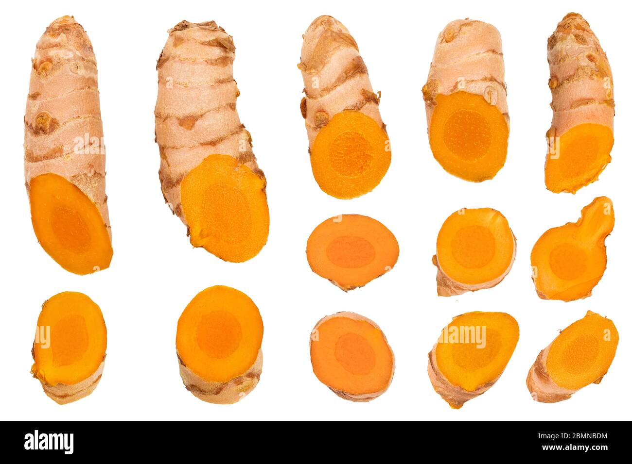 turmeric root and slices isolated on white background. Top view. Flat ...