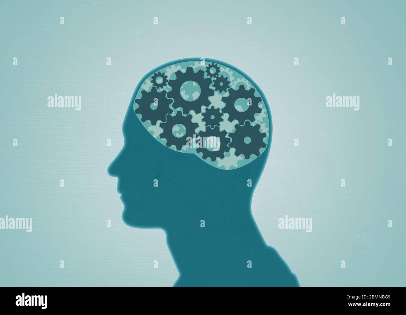 An androgynous unisex human head with cog elements representing mental ...