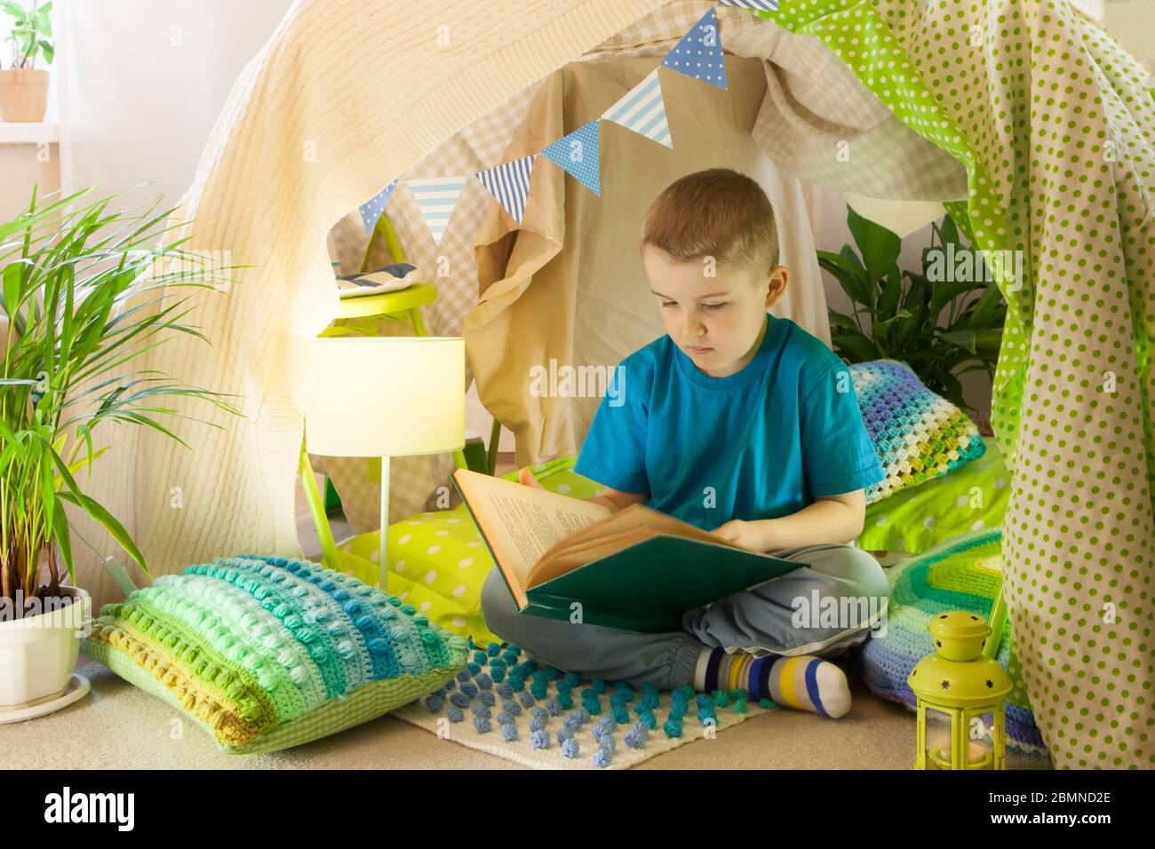 reading and family games in children's tent. Boy with book before going ...