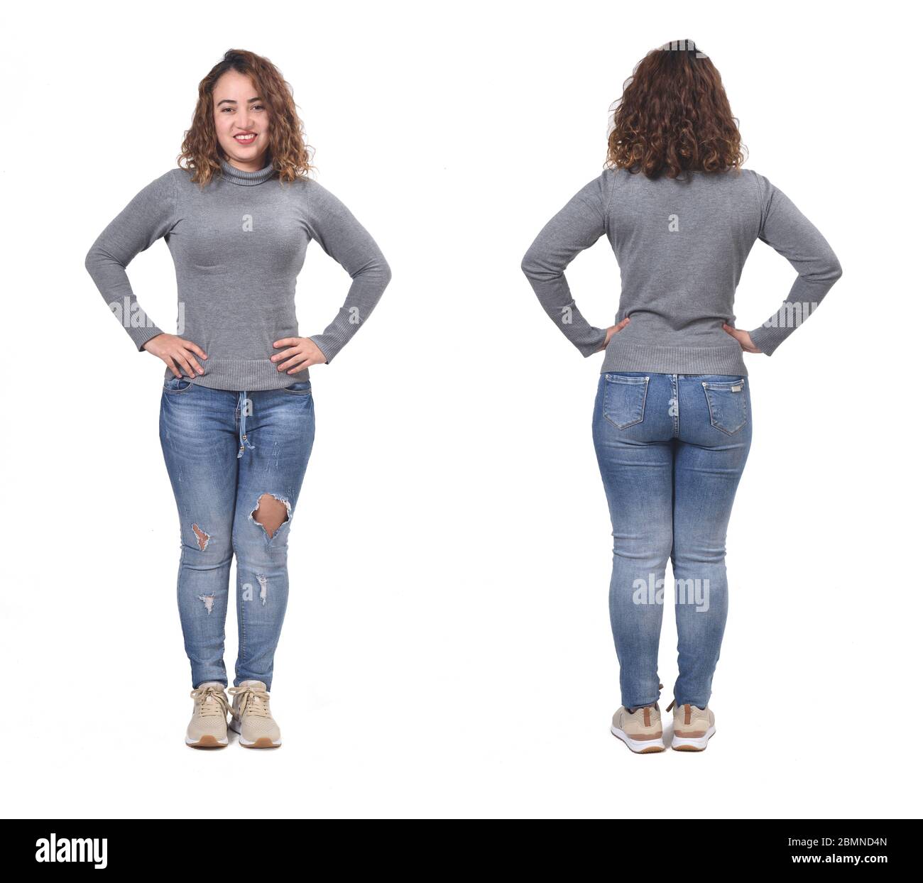 woman with jeans front and back hands on hip on white Stock Photo - Alamy