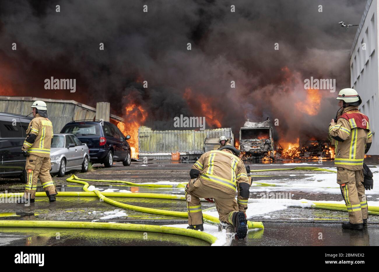 Berlin, Germany. 10th May, 2020. Flames can be seen on a commercial ...
