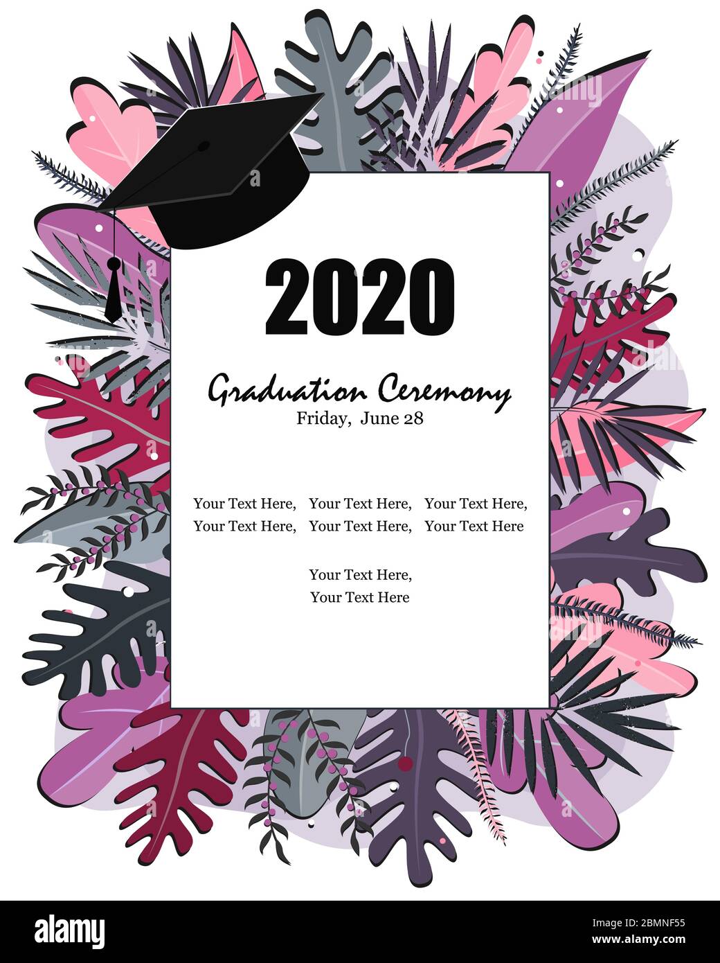 Graduate class of 2020, ceremony announcement banner. Cap and tropical ...