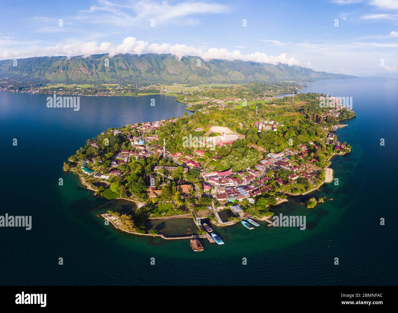 Aerial: lake Toba and Samosir Island view from above Sumatra Indonesia ...