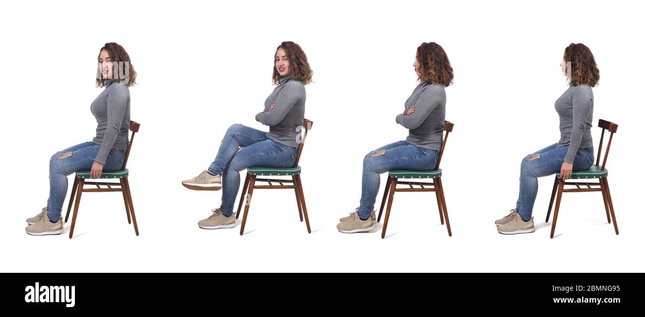 collage of a woman sitting on a chair in white background, profile ...