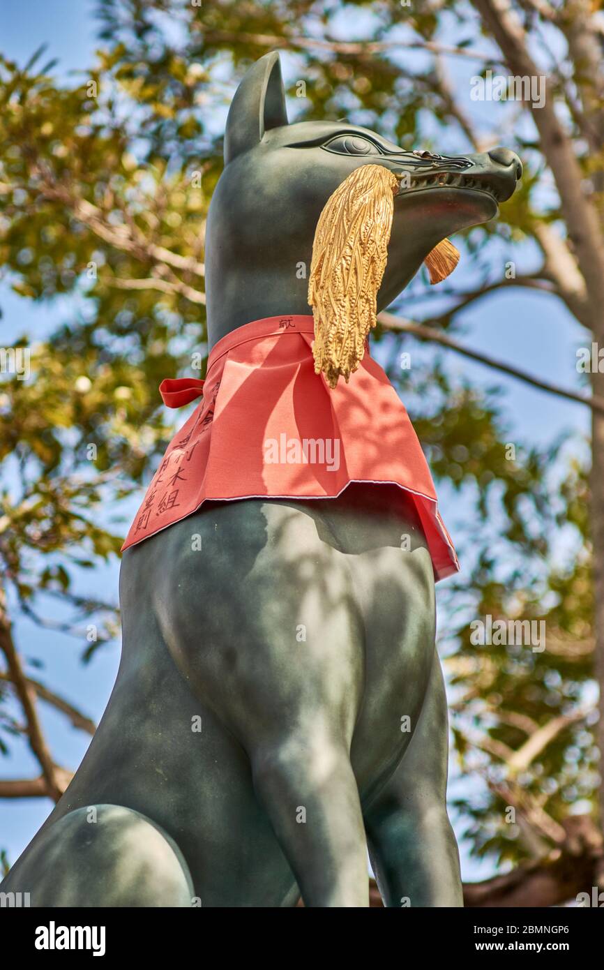 Statue of a Kitsune, Japanese Shinto red fox god, in Fushimi Inari ...