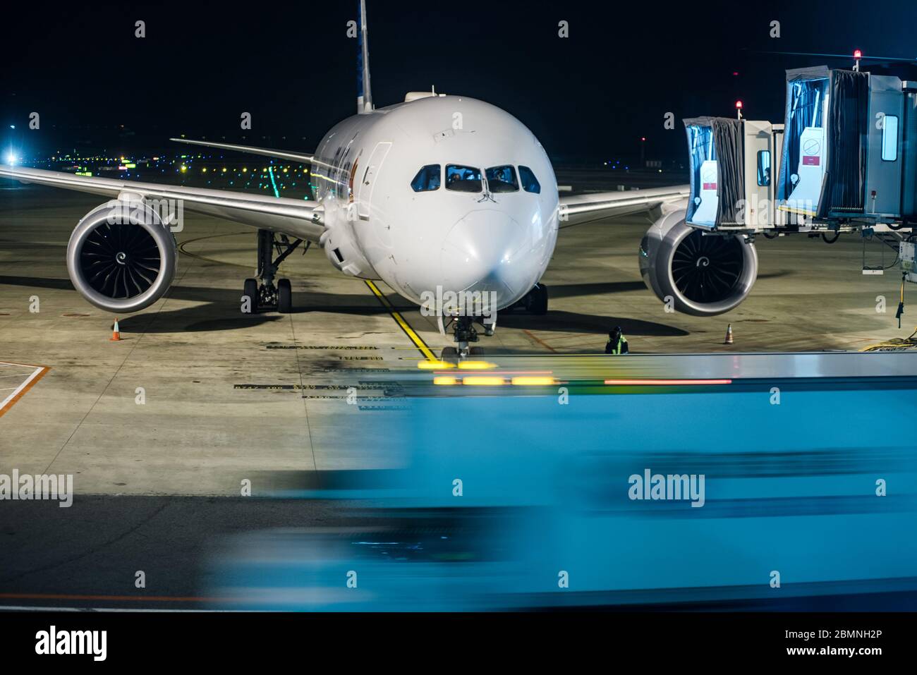 airplane at parking apron view from window of waiting hall of air ...