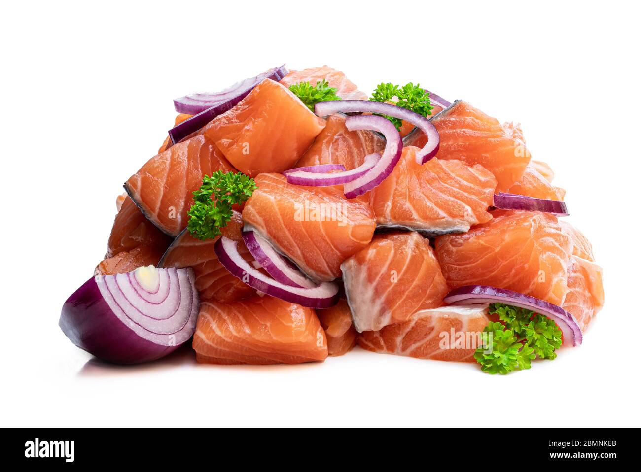 Fresh salmon fillet cubes isolated on white Stock Photo - Alamy
