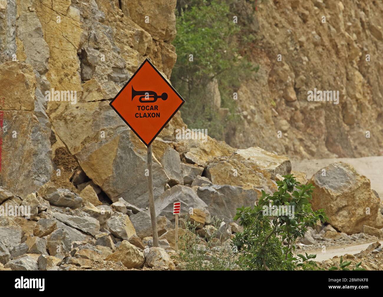 road sign advising use of horn on mountain road northern Peru March ...