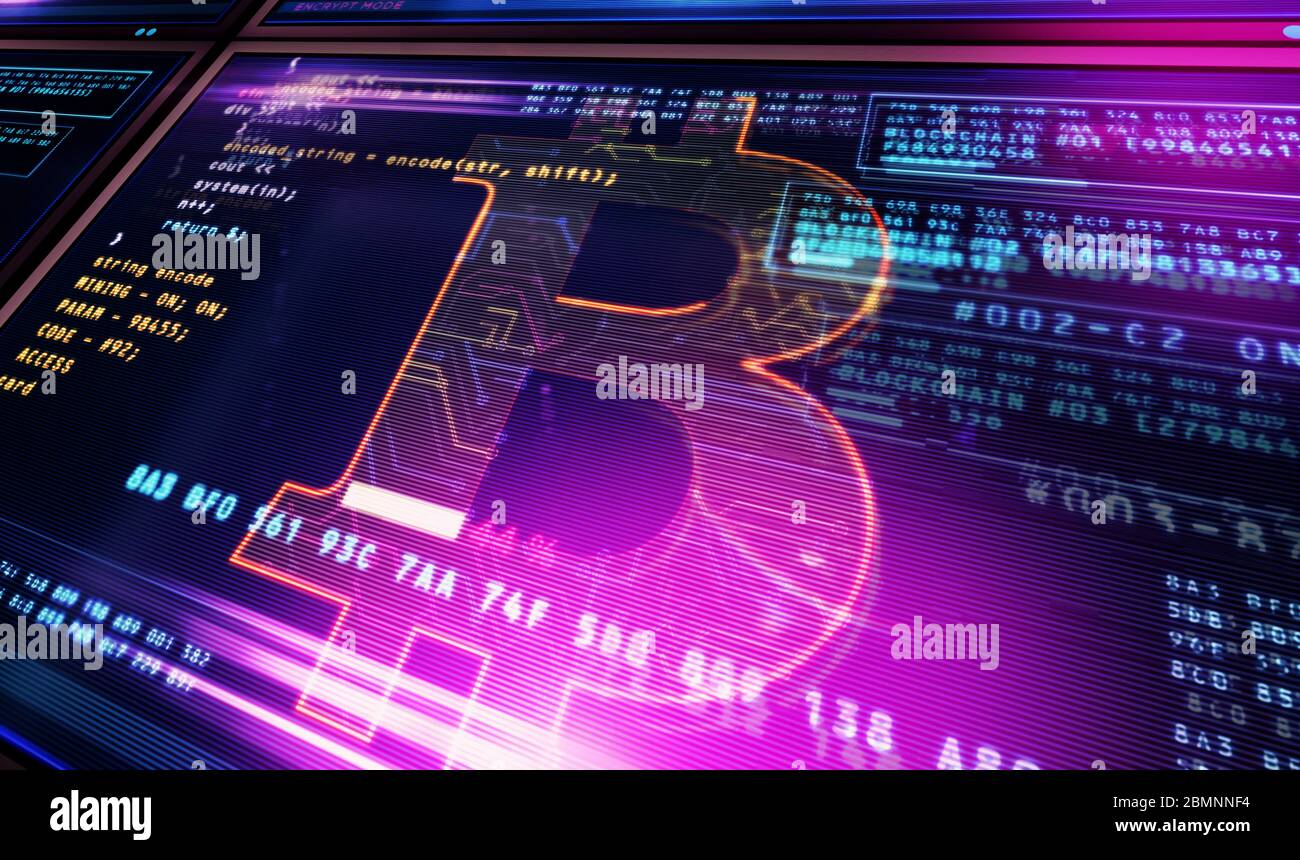 Bitcoin mining on computer screen. Digital crypto currency, cyber money ...