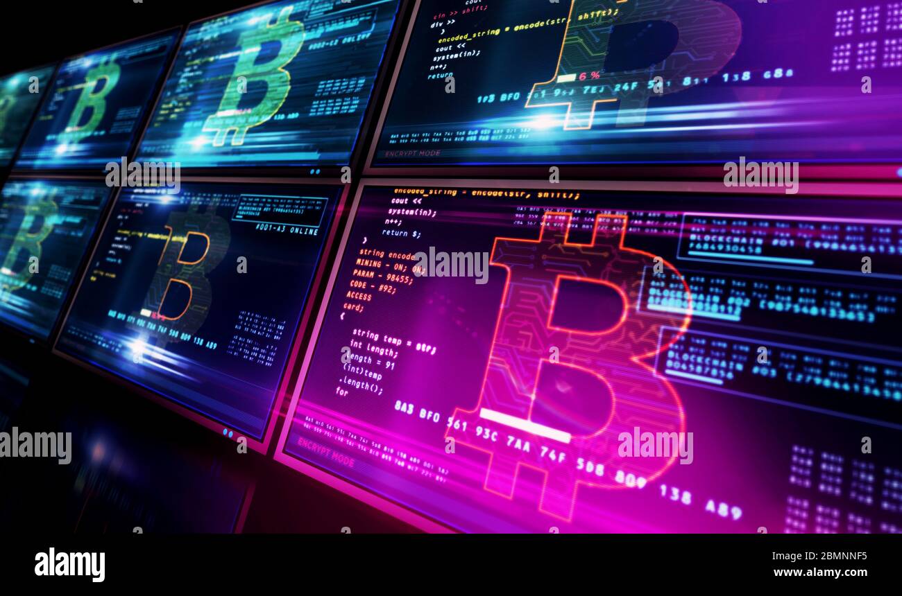 Bitcoin mining on computer screen. Digital crypto currency, cyber money ...