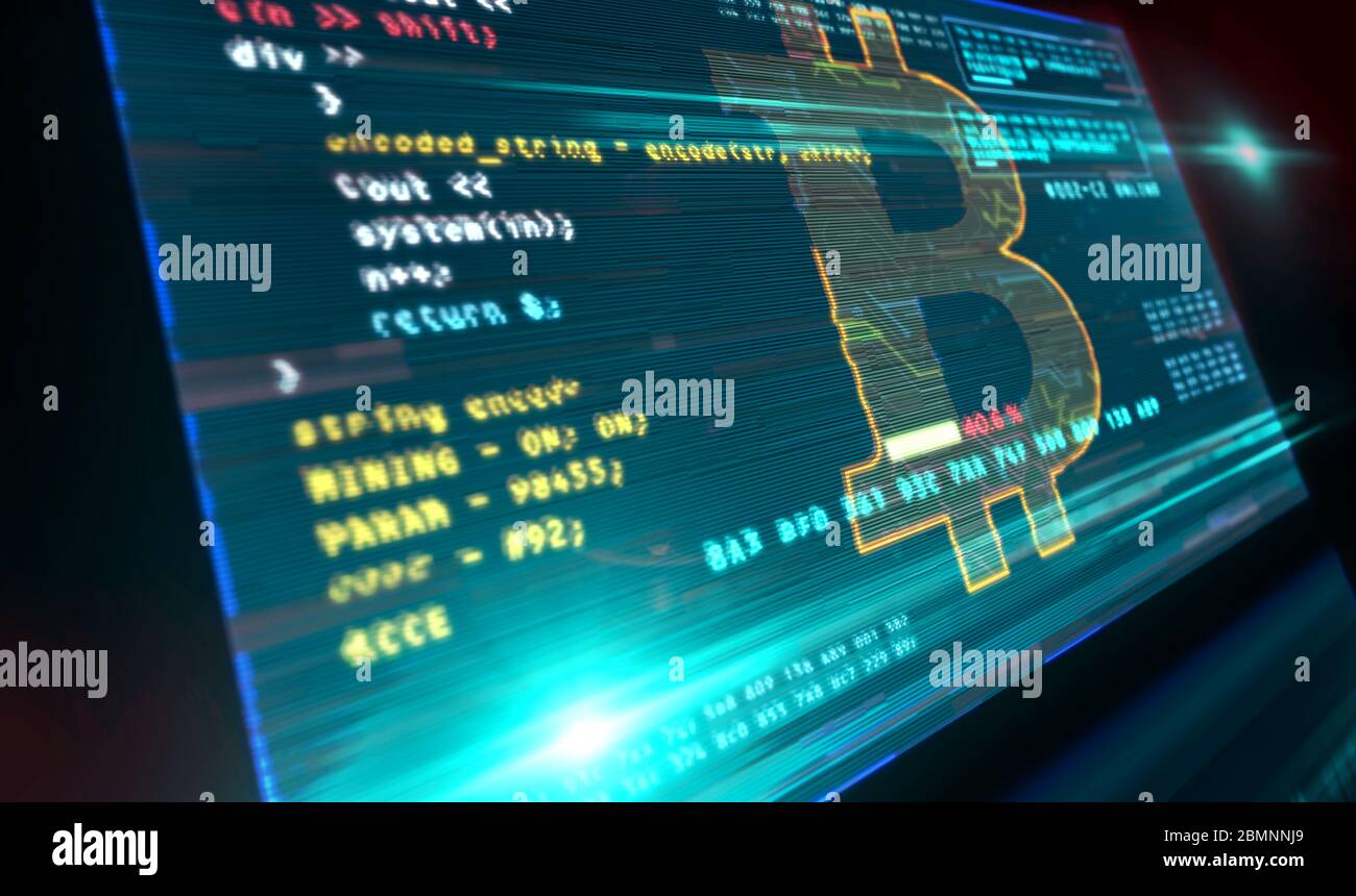 Bitcoin mining on computer screen. Digital crypto currency, cyber money ...