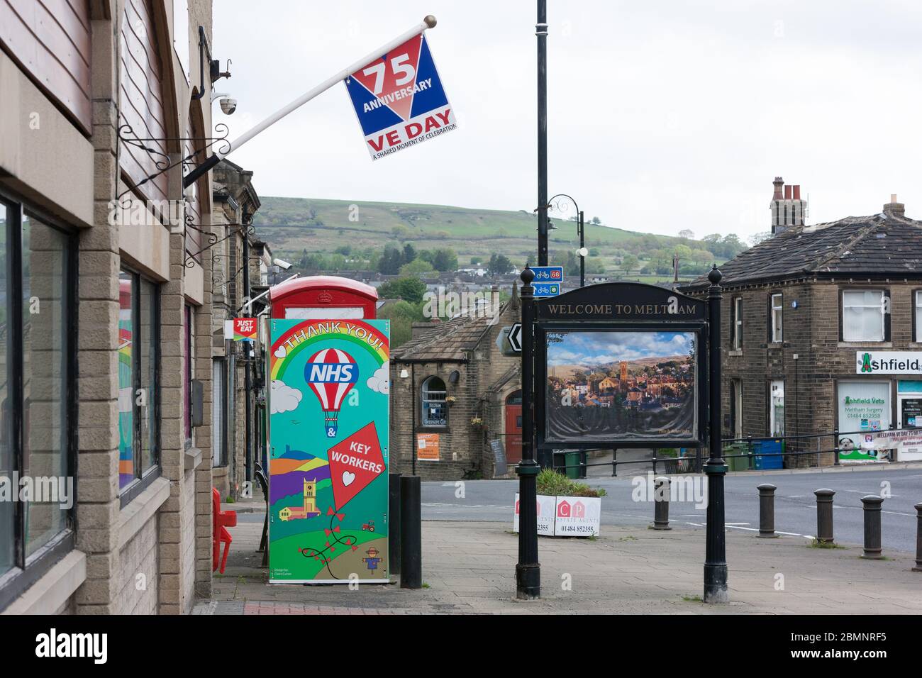 Meltham, UK - May 5 2020: The town of Meltham, known for it's brass ...