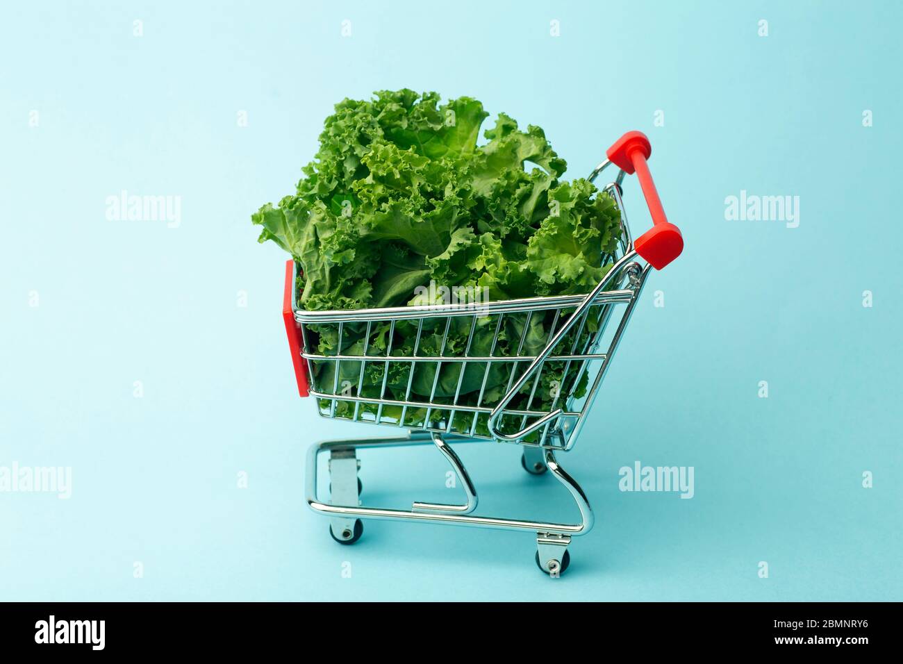 Salad in a supermarket cart. Cart with groceries and food, vegetables ...