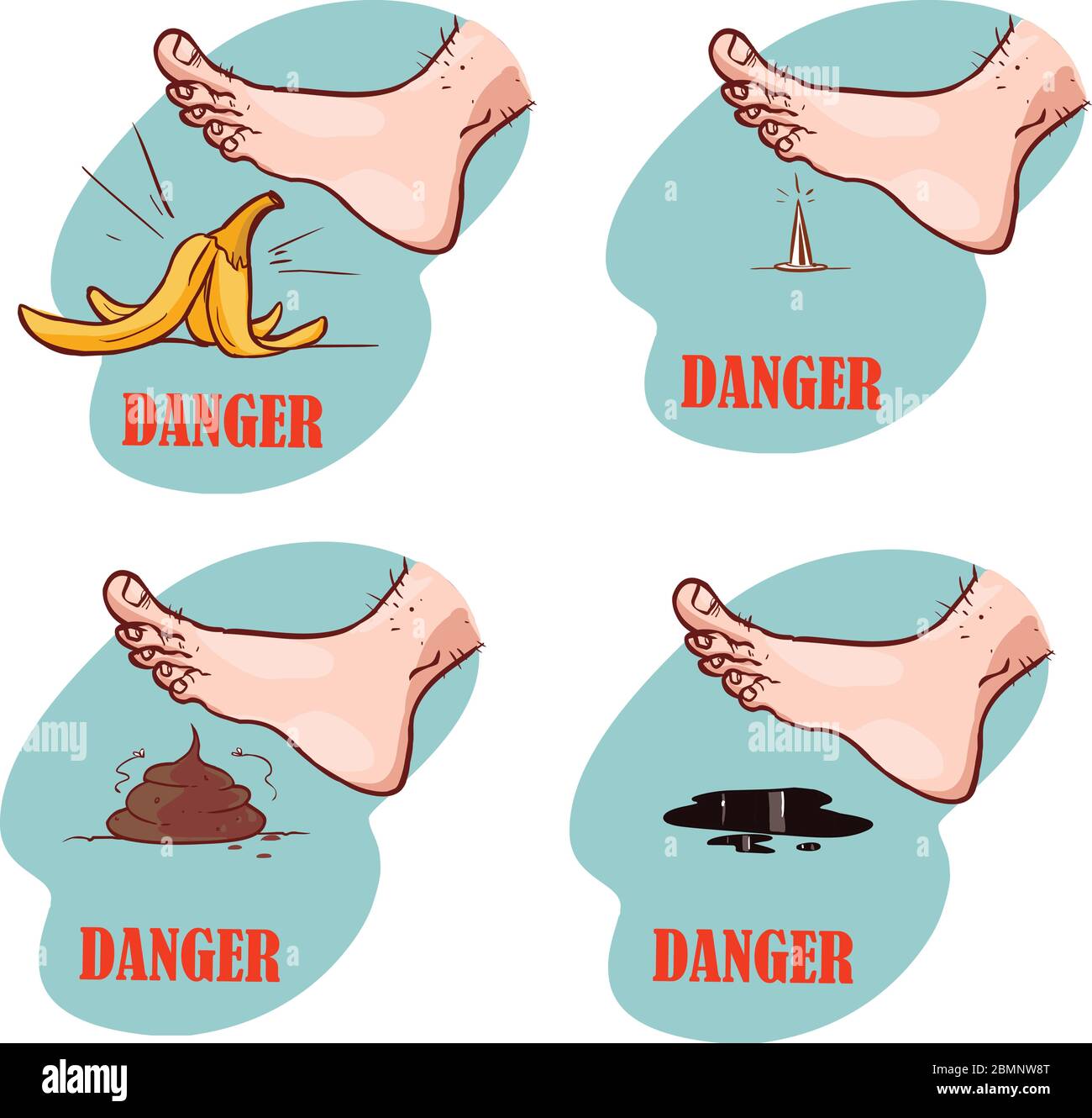 Vector illustration of slide on slippery ground (banana, nails, oil ...