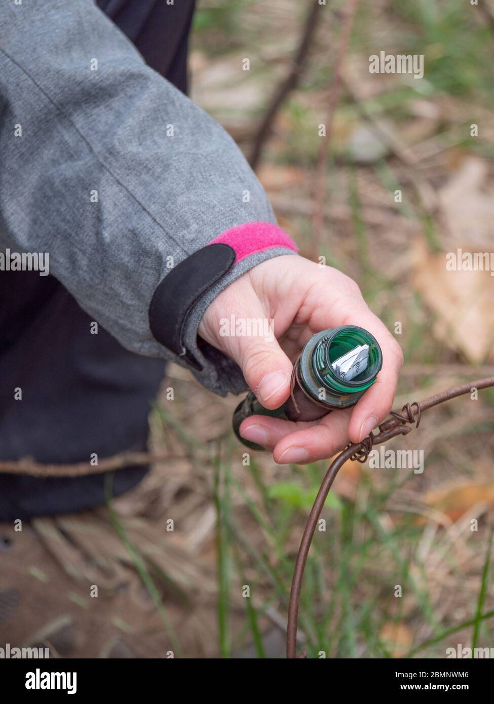 Geocaching container in hand. Woman removes list from locating ampoule ...