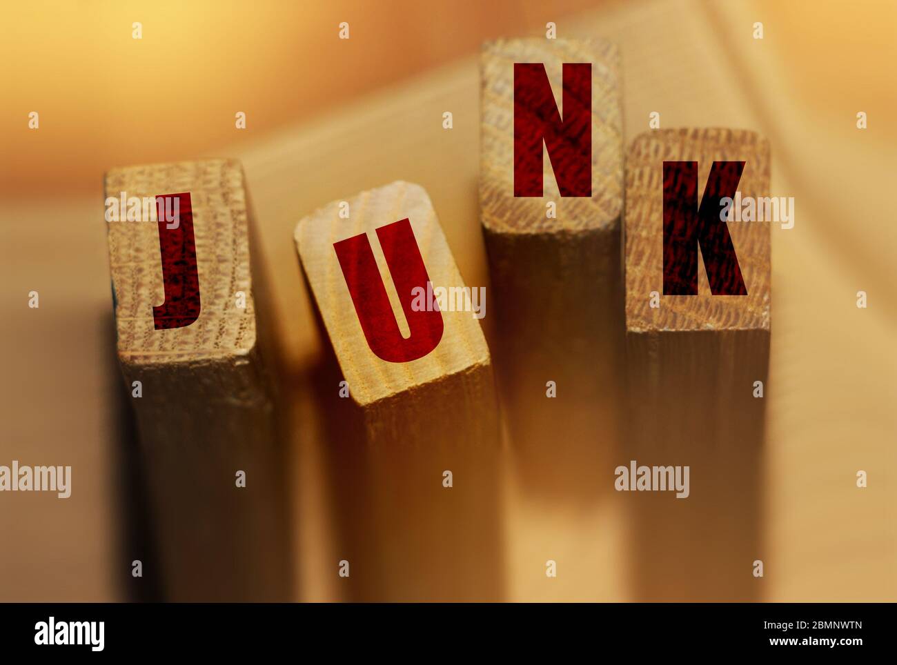 Junk text from wooden blocks on desk. Junk food oncept Stock Photo - Alamy