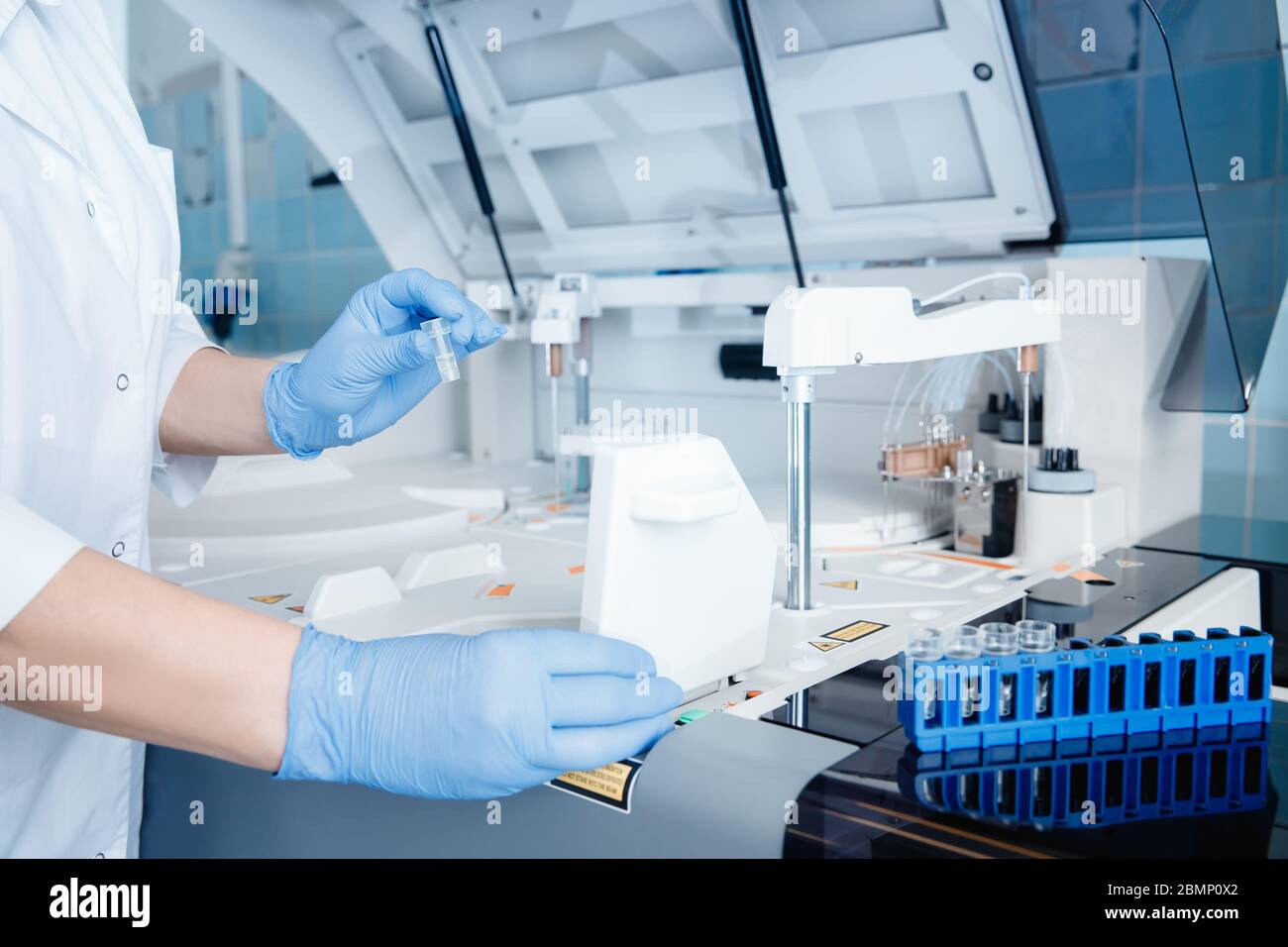 Laboratory technician sets test sample in automatic express tester ...
