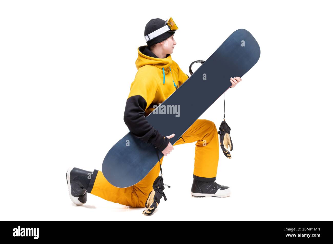 Man in sportswear with snowboard isolated white background banner Stock ...
