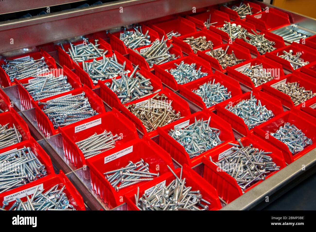 Large amount of red trays with assorted screws, diameter length and ...