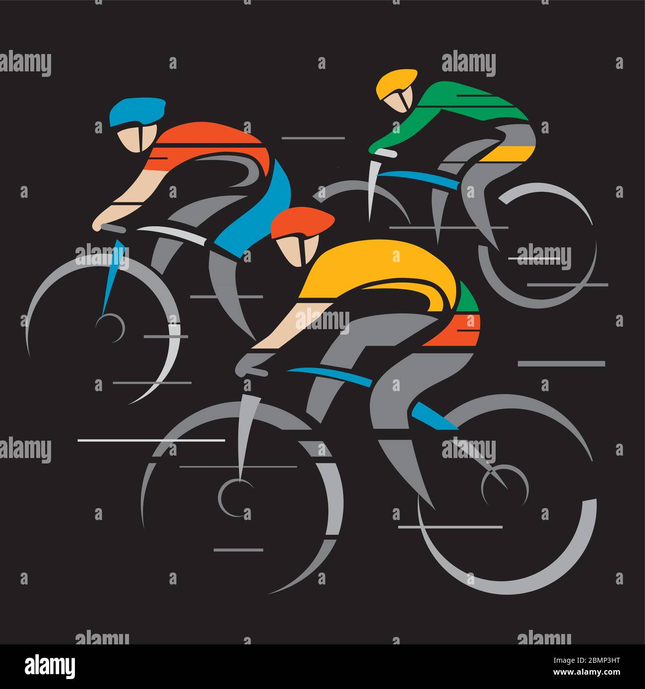 Three road cyclists, competition. Stylized colorful drawing of cyclists ...