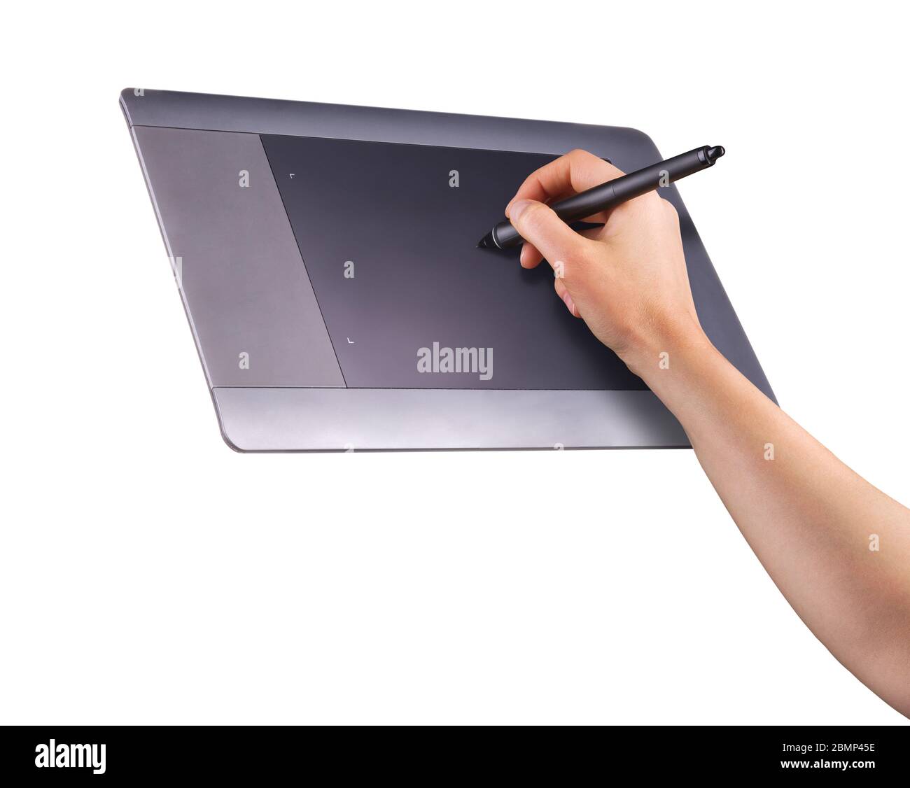 Hand holding digital graphic pen and drawing graphic tablet isolated on ...