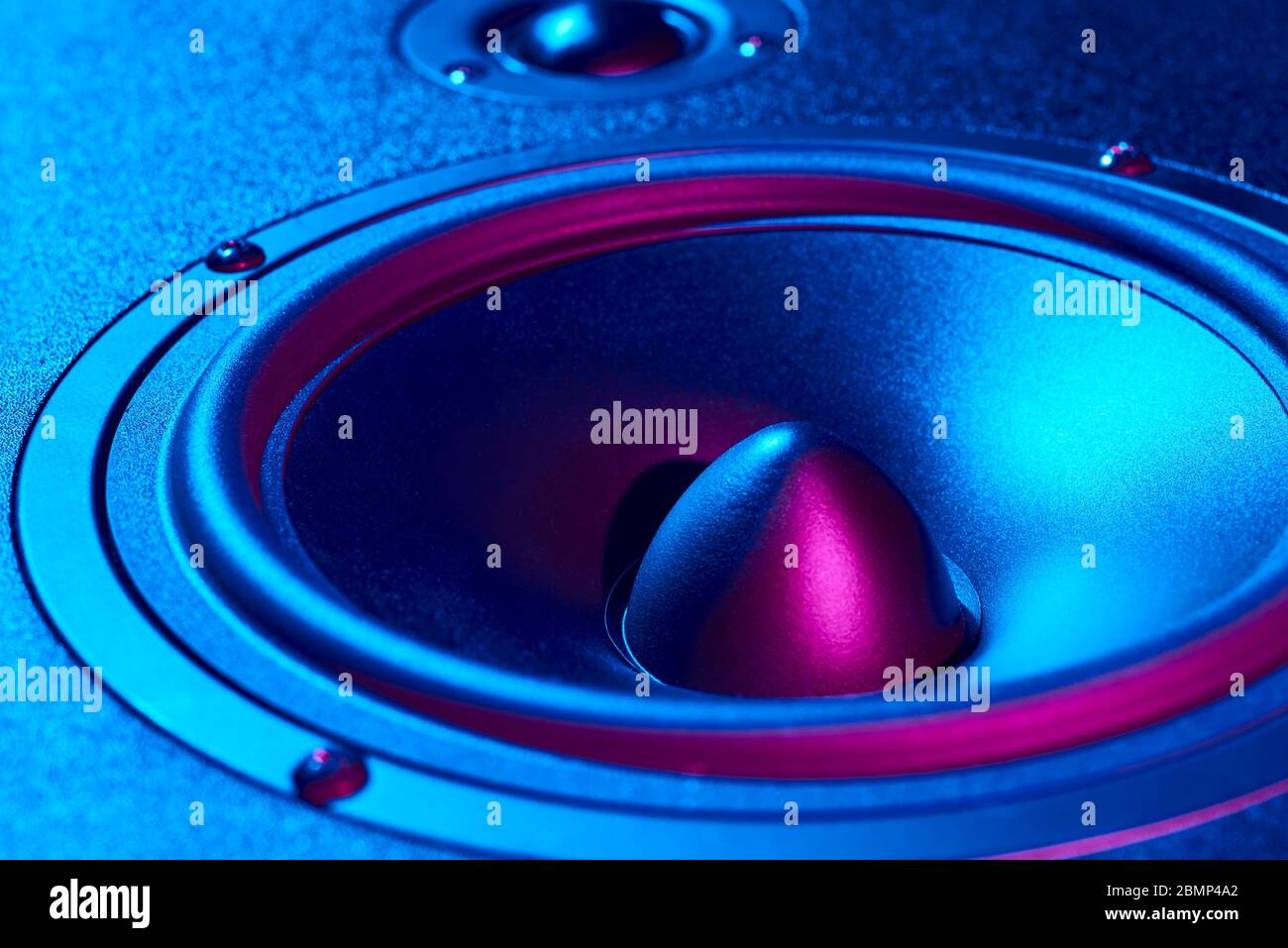 Sound audio speaker with neon lights. Dynamic monitor closeup. Creative ...